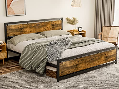 IKIFLY Industrial Metal King Size Bed Frame/Farmhouse Metal Platform Bed with Wooden Headboard Footboard/Heavy Duty Steel Slats Support/No Box Spring Need, Easy Assembly(King, Rustic Brown)