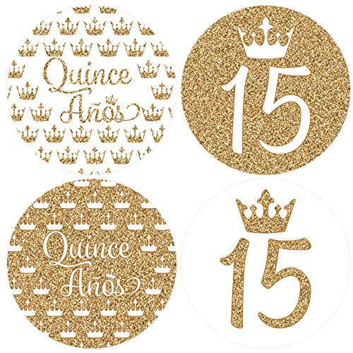 Quinceanera Party Favor Stickers - 1.75 in - 40 Labels (White and Gold)