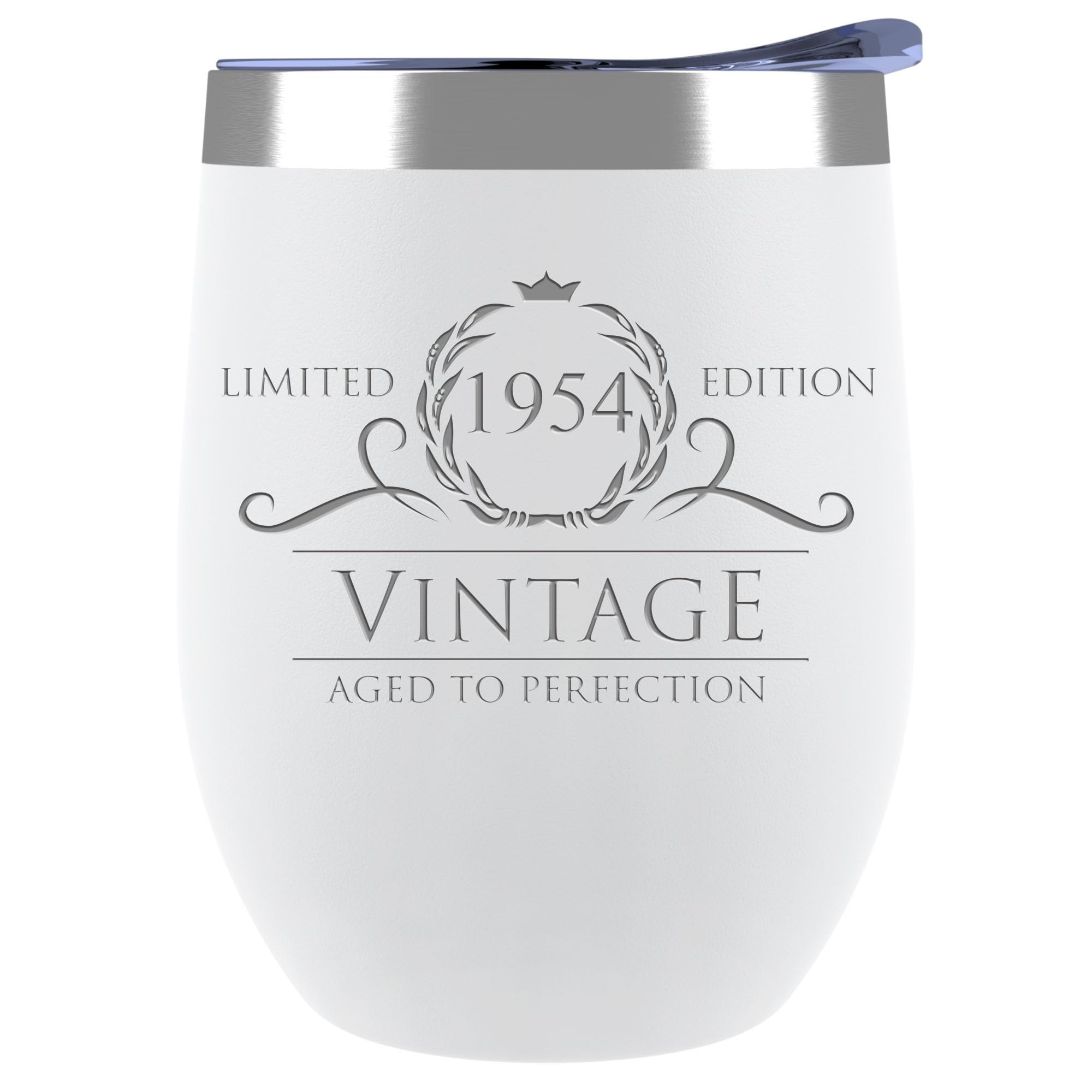 Sodilly 12 oz Stainless Steel Stemless Wine Tumbler - 1954 White - 70th Birthday Gift for Women Men