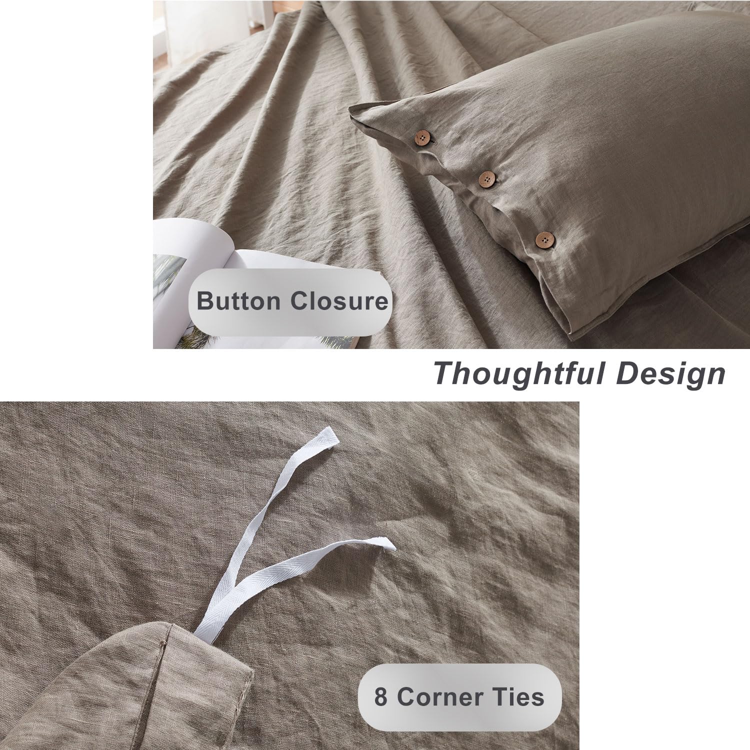 TOSMO 100% Linen Duvet Cover Set with Button Closure, 3 Pieces (1 Duvet Cover with 2 Pillowcases), Soft Breathable Durable Farmhouse Bedding - King, Taupe
