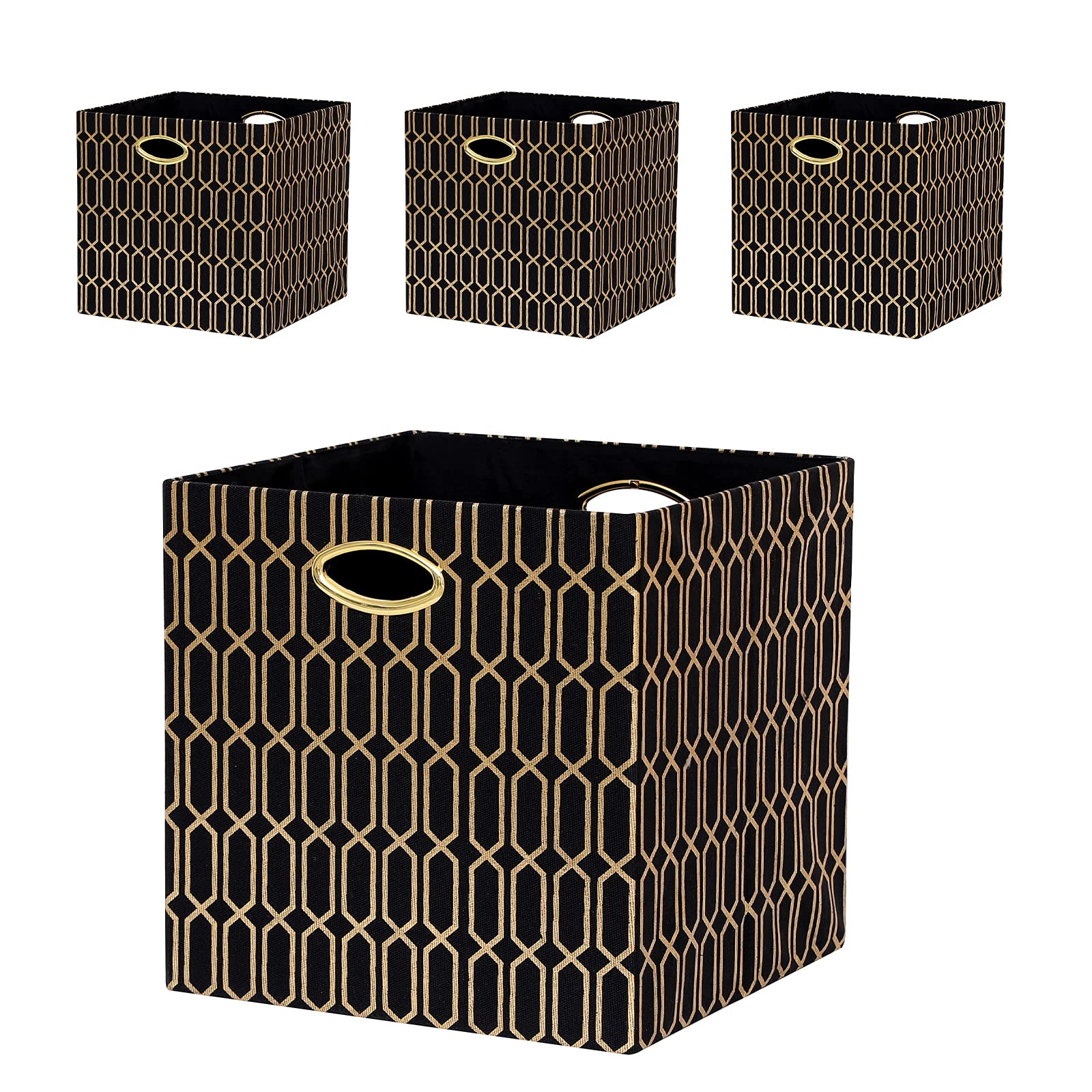 Fboxac Cube Storage Bins 13×13 Polyester Foldable Box with Handles, Black Gold Collapsible Organization Basket Set of 4 Large Capacity Drawer for IKEA Closet Shelf Halloween Cabinet Bookcase