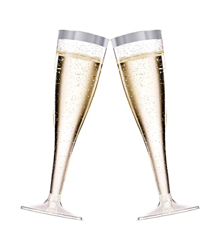 BloominGoods 50 Plastic Silver Glitter Champagne Flutes | 7 oz. Clear Hard Disposable Party & Wedding Glass | Premium Heavy Duty Fancy Cup (50-Pack)