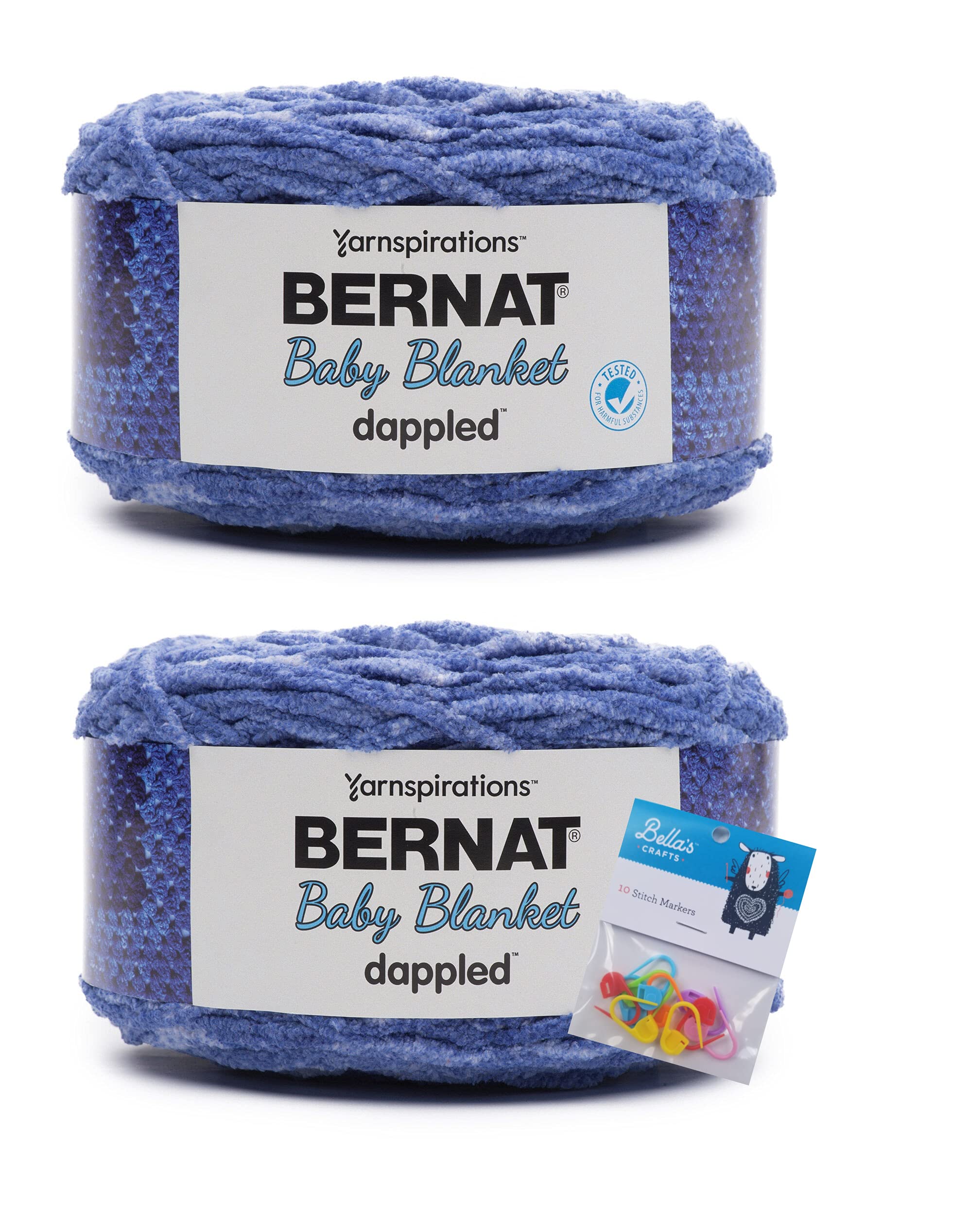 Bernat Baby Blanket Dappled Yarn, 10.5 Oz, Wandering Blue - 2 Pack Bundle with Bella's Crafts Stitch Markers