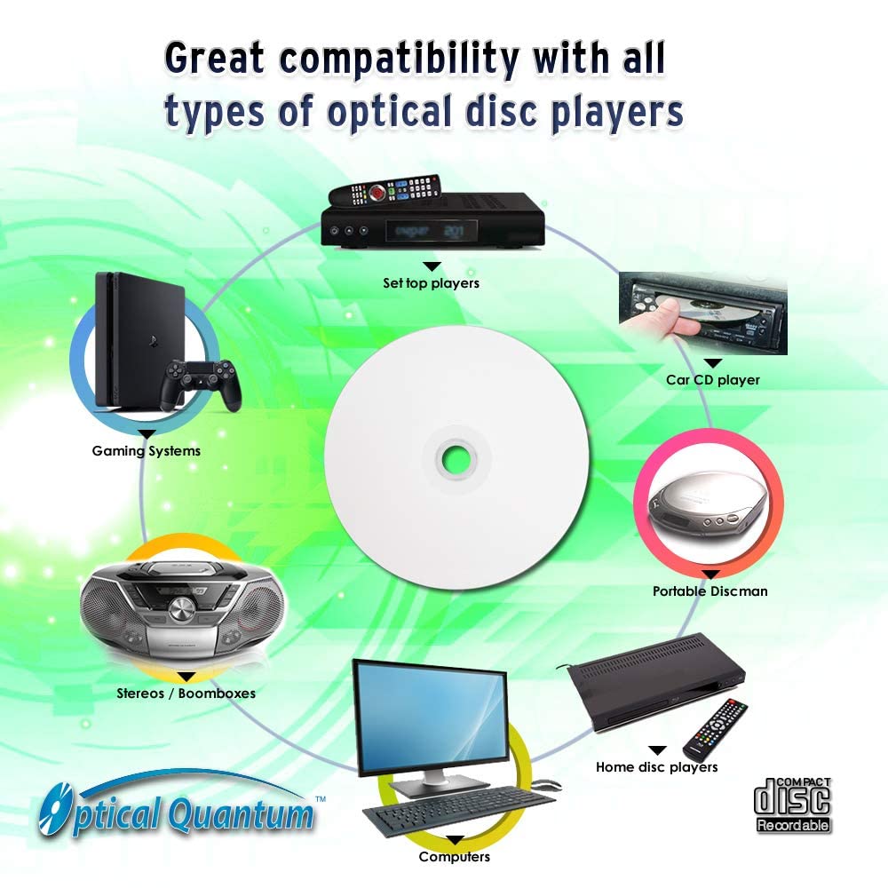 Optical Quantum CD-R 700MB 52X White Thermal Hub Printable - 100 Disc Cake Box OQCD52WTP