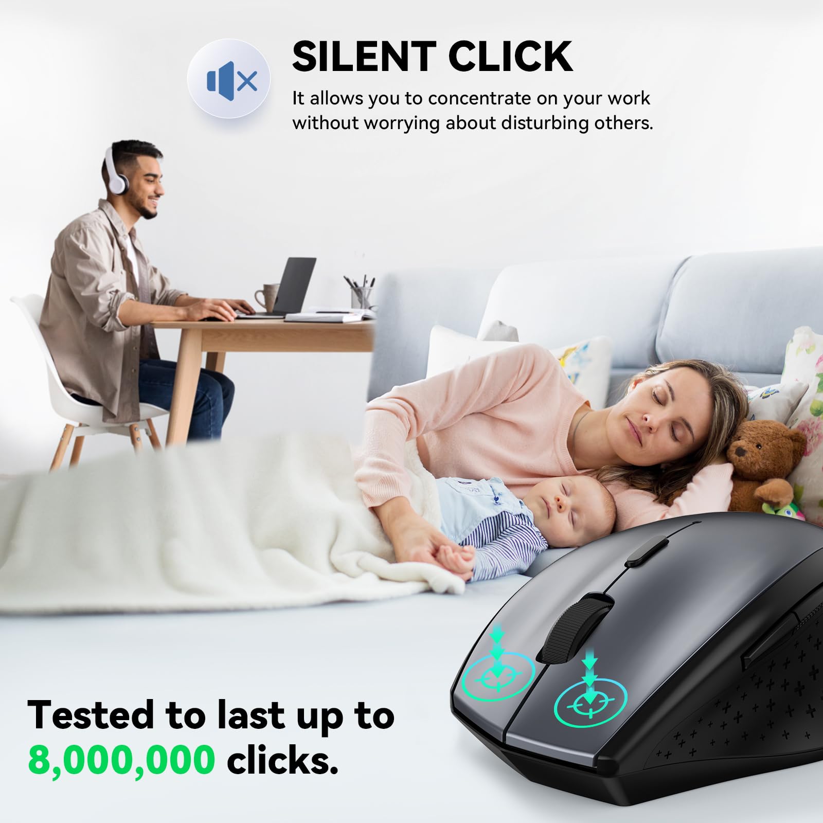 TECKNET Wireless Mouse, 2.4G USB Computer Mouse with 6-Level Adjustable 4800 DPI, 30 Months Battery, Ergonomic Grips, 6 Buttons Portable for PC, Chromebook, Mac - Grey