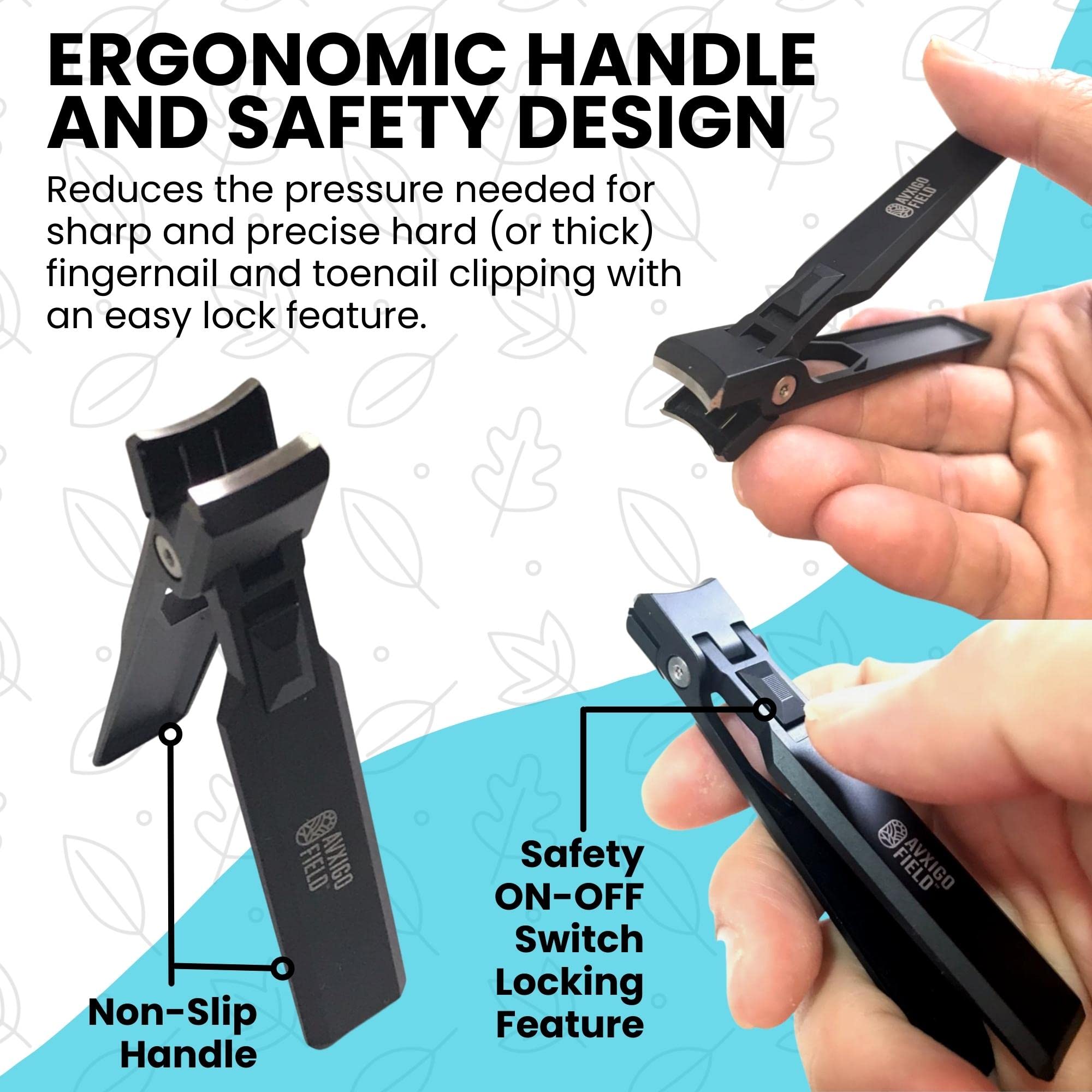 AVXIGO FIELD Ultra Sharp Sturdy Nail Clipper w/Catcher & Safety Lock, Wide Jaw Opening Curved Blade, Thick Fingernail Toenail Cutter - Comes w/Nail File, Microfiber Cloth & PU Leather Case (Black)