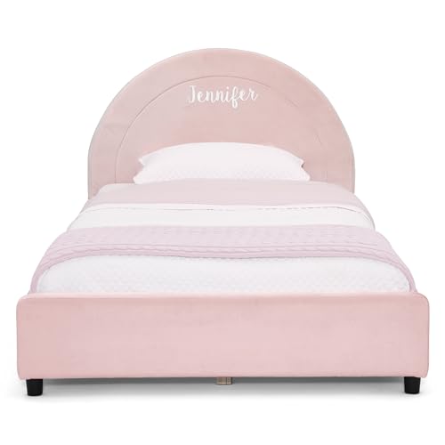 Delta Children Personalized Upholstered Twin Size Bed with Round Headboard, Premium Wood Slat Support, No Box Spring Needed, Easy Assembly, Pink/Velvet Piping