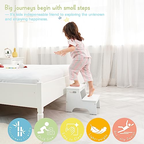 Wood Step Stool for Kids Bathroom, White Toddler Step Stool for Kitchen Counter Sink, Small Girl Boy Child 2 Step Stool for Toilet Potty Bed Nursery Bedroom, Non Slip Adult Stool for Closet