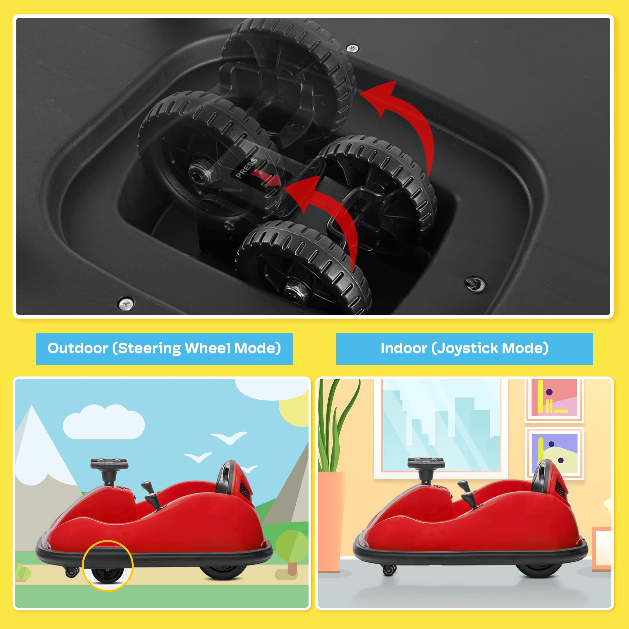 Kidzone 12V 2 Driving Mode (Steering Wheel/Joystick) Ride On Bumper Car for Kids & Toddlers 1.5-6 Year Old DIY Sticker Baby Bumping Toy Gifts W/Remote Control LED Lights, 360 Degree Spin