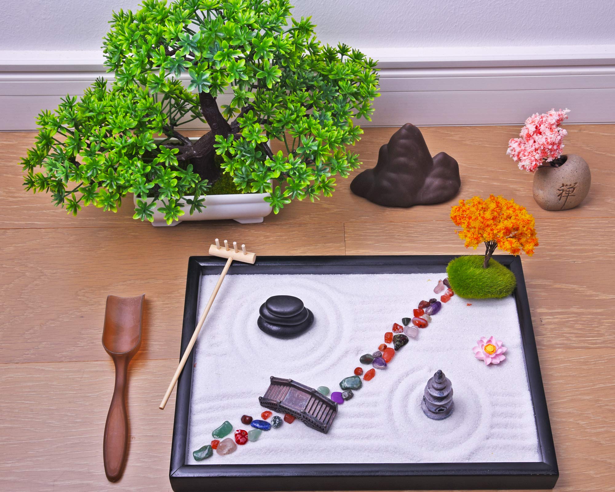 Japanese Zen Garden Kit - Mini Garden with Rock Bridge Pagoda Maple Trees Agate Stones - Meditation Gift Set for Relaxation - Home & Office Desk Decor with Rake Tools and Zen Accessories,Black