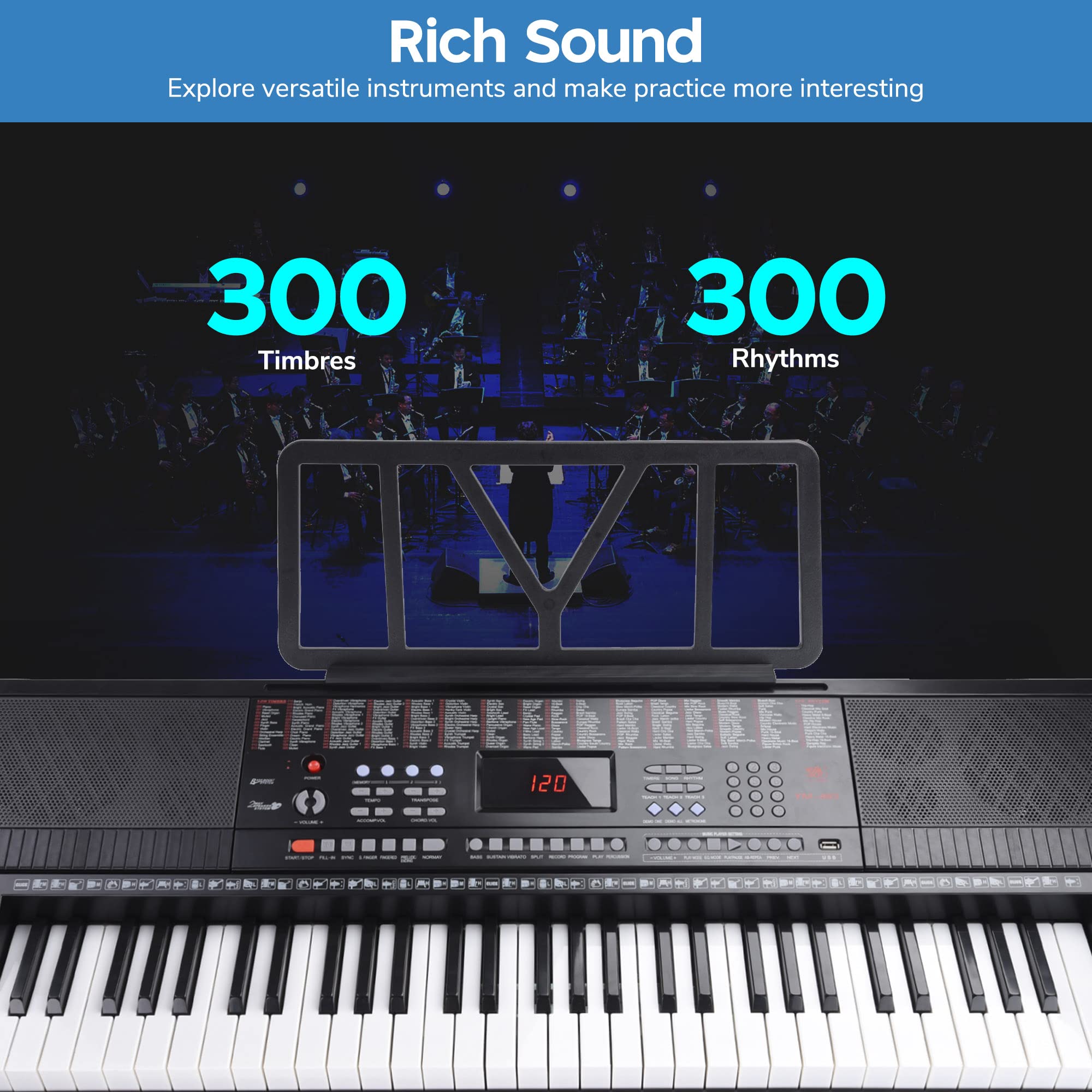 AW 61 Key Full Size Electronic Electric Keyboard Piano LCD Digital Display USB Input MP3 Demo Songs for Beginners Black