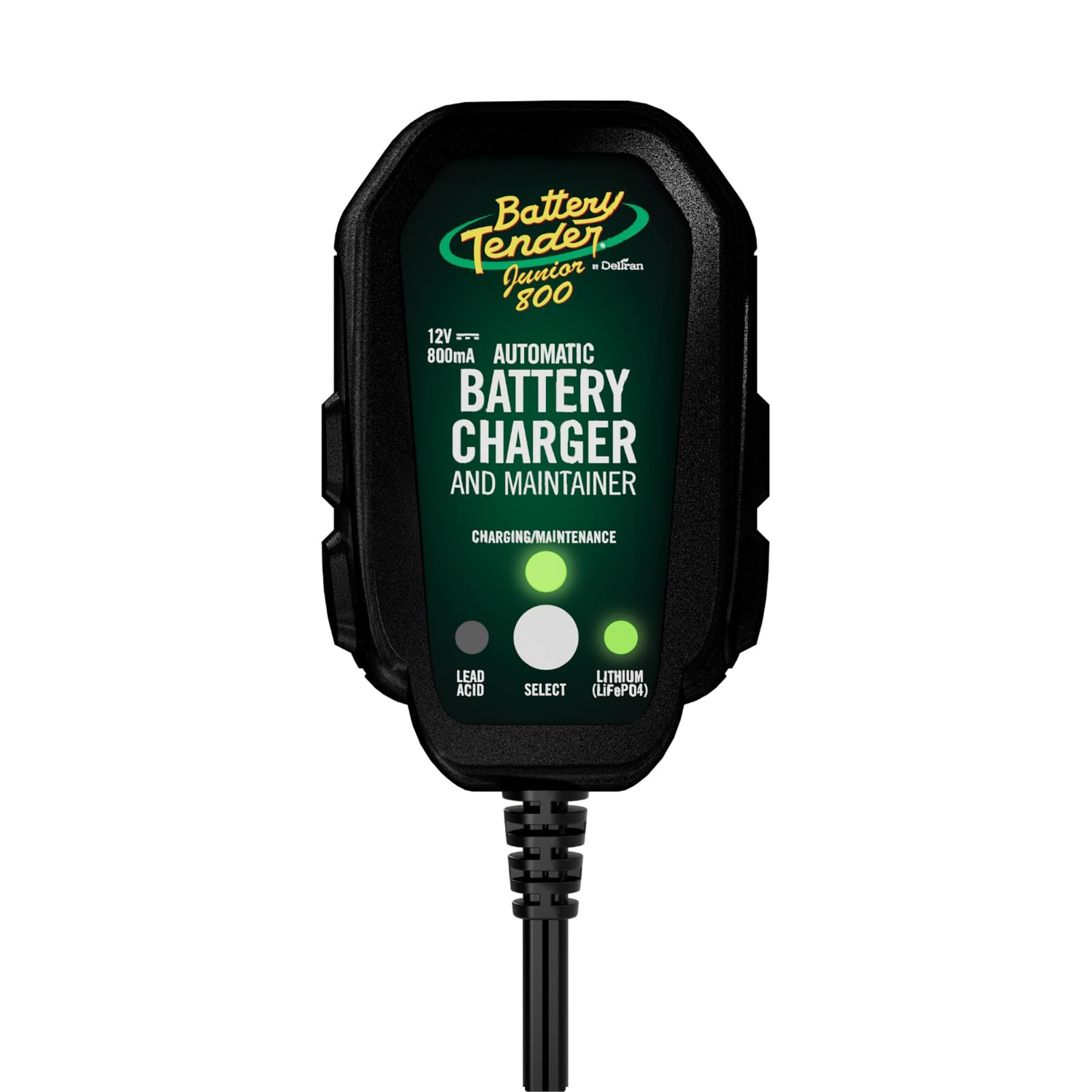 Battery Tender Junior 12V, 800mA Battery Charger and Maintainer for Lead Acid and Lithium Batteries - Switchable Battery Charger for Powersports - 022-0199-DL-WH