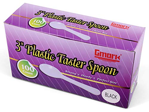 Gmark 100pc 3-Inch Taster Spoons Plastic Mini Spoons Black Clear Best for Chocolate Coffee flavor Ice Cream Spoons Dessert Spoons Black 1 Box Set GM1002H