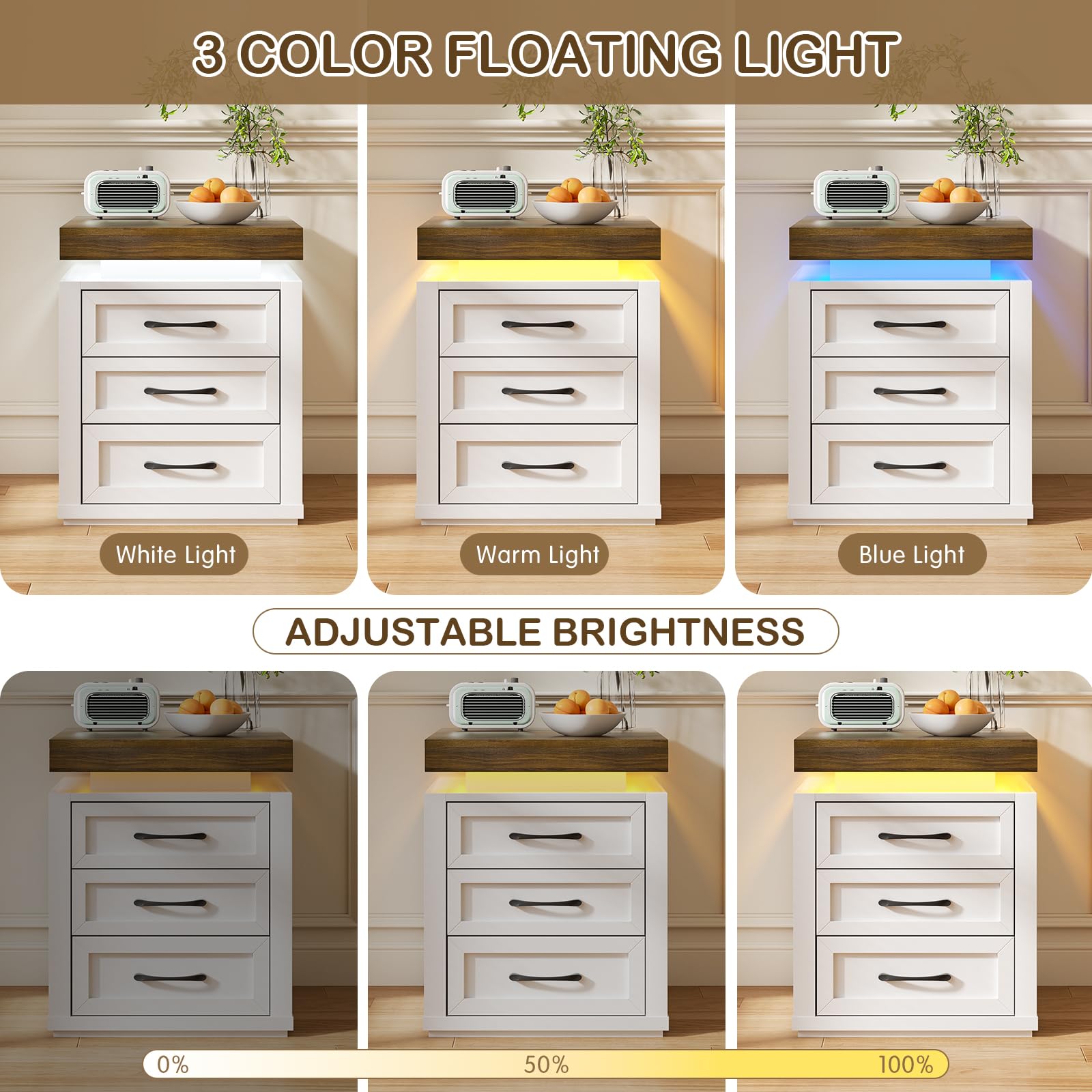 BROTTAR Nightstand with Gun Drawer, Farmhouse LED Bedside Table with Charging Station, Human Sensor, Smart Nightstand with Locking Drawer for Bedroom, Office