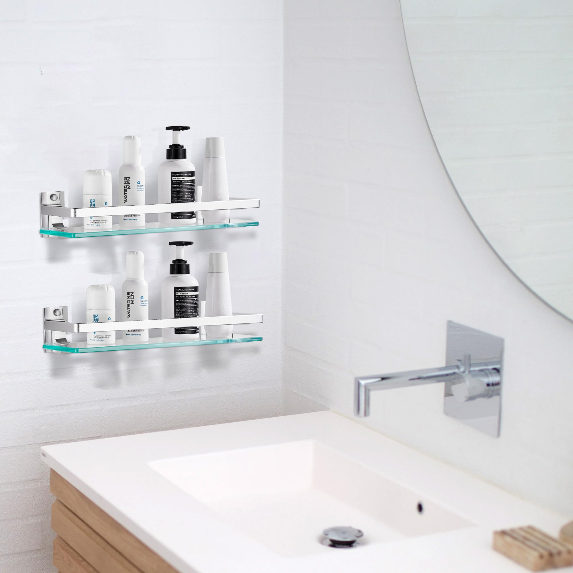 DeDebrly Bathroom Glass Shelf with Upgraded Bracket for Stability, Tempered Glass Shelf with Rail for Bathroom Organization, Silver, Upgraded Rectangular (2 Pack)