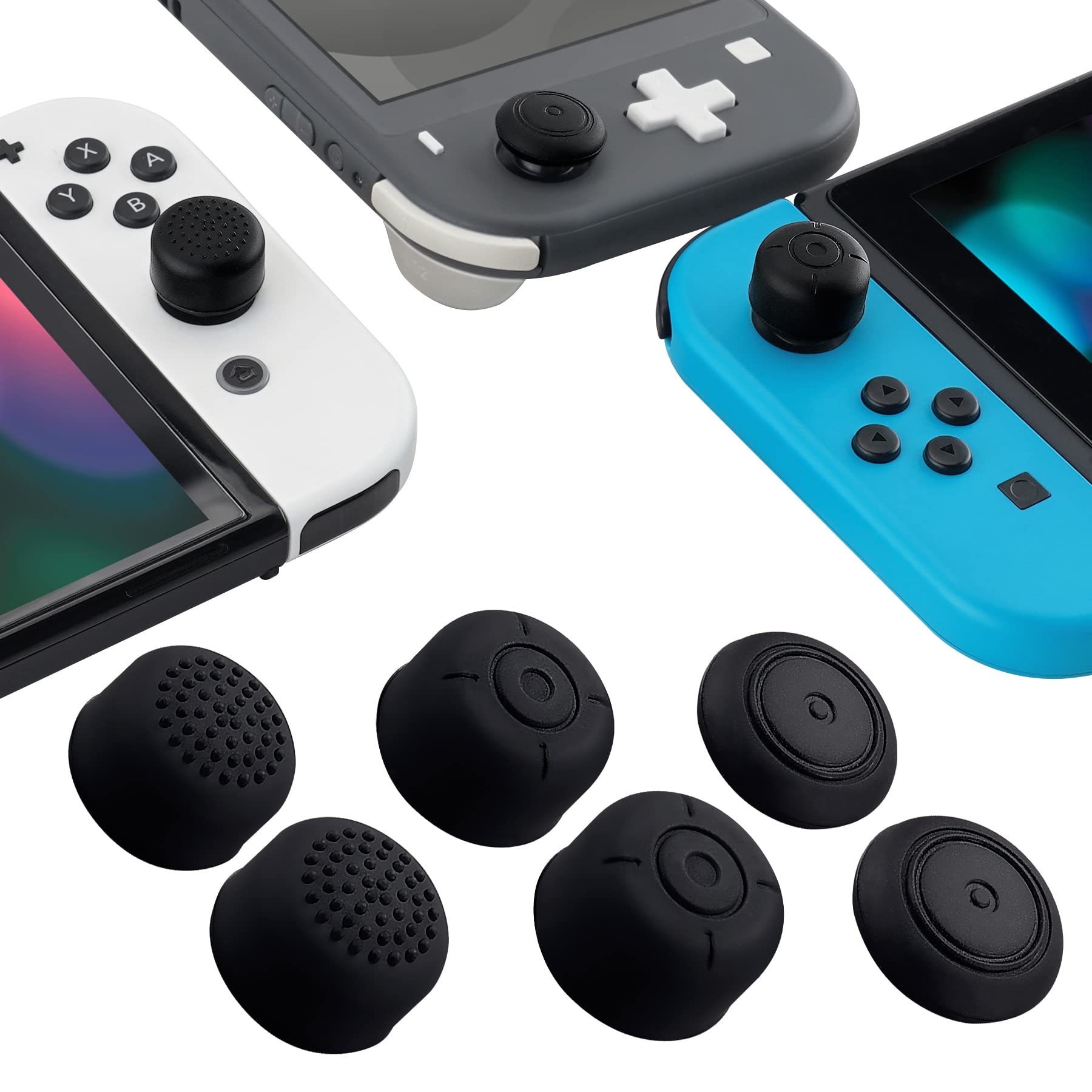 eXtremeRate 3 Pairs Anti-Slip Black Silicone Extended Length Thumb Grips Thumbstick Caps Case Cover for Nintendo Switch Joy-Con & Switch OLED Joy con, Jostick Cover Caps for Nintendo Switch Lite