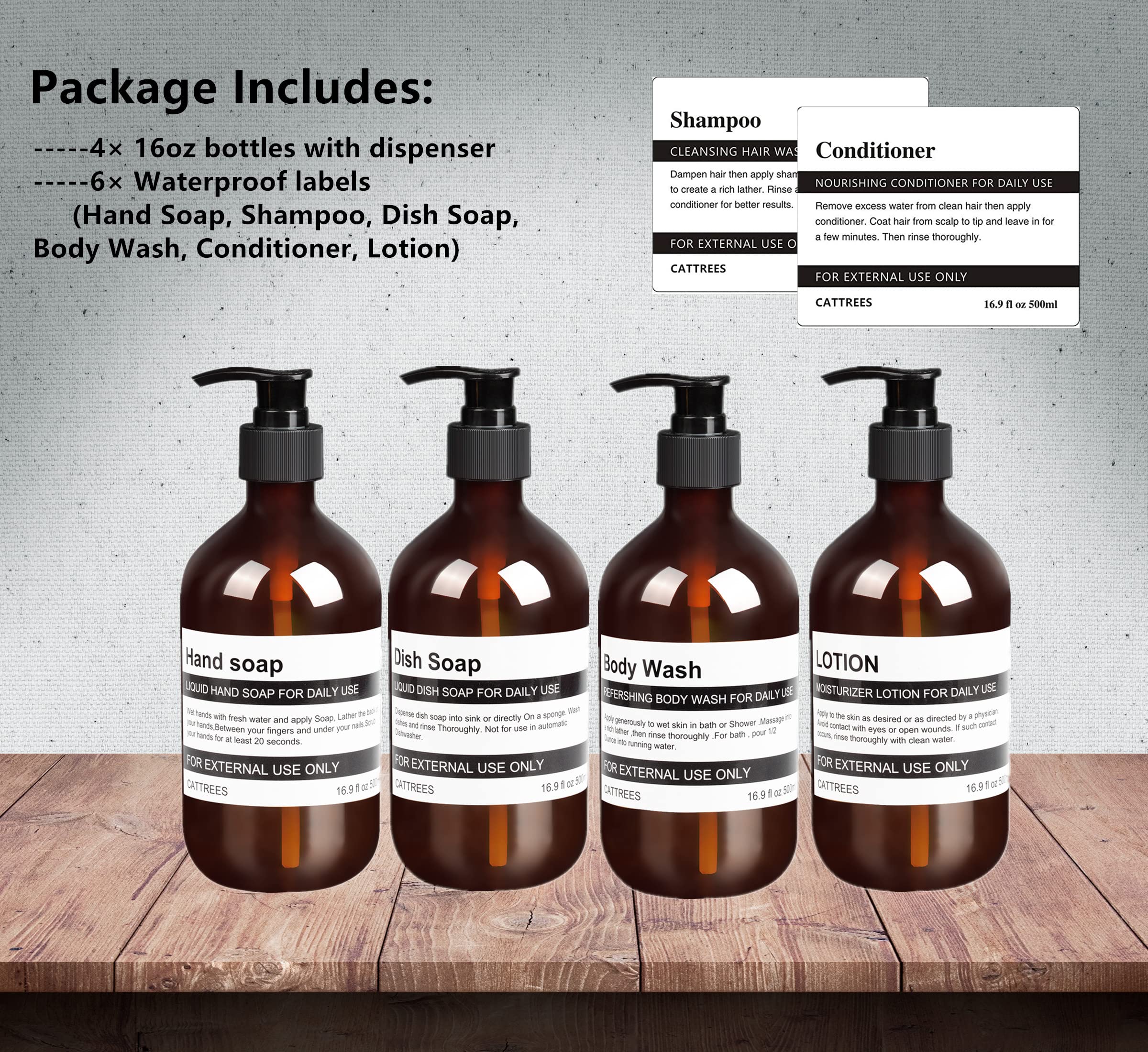 CATTREES 4 Pack Shampoo and Conditioner Bottles for Bathroom,16 oz Empty Amber Plastic Bottles with Pump & 6 Waterproof Labels for Hand,Lotion,Refillable Shampoo Conditioner and Shower Gel Dispenser.