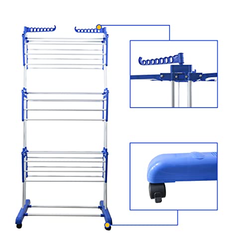 Foldable Clothes Drying Racks with Storage Shelves, Garment Rack with Rolling Free-Standing Clothing Rack Closet Organizer with Double Rods/Lockable Wheels & 2 Pairs Side Hooks (Blue)