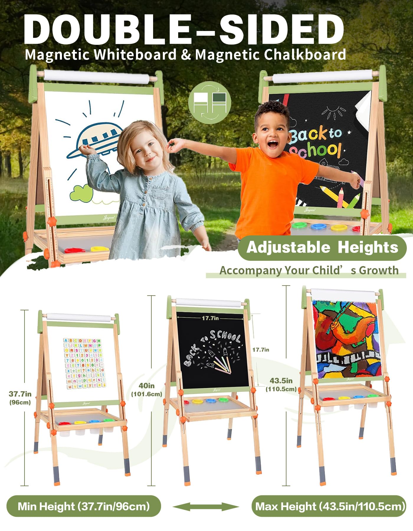 Joyooss Art Easel for Kids, Double-Sided Magnetic Easel for Children with Whiteboard & Chalkboard, Deluxe Standing Easel for Toddler with Paper Roll & Painting Accessories Painting Station for Kids