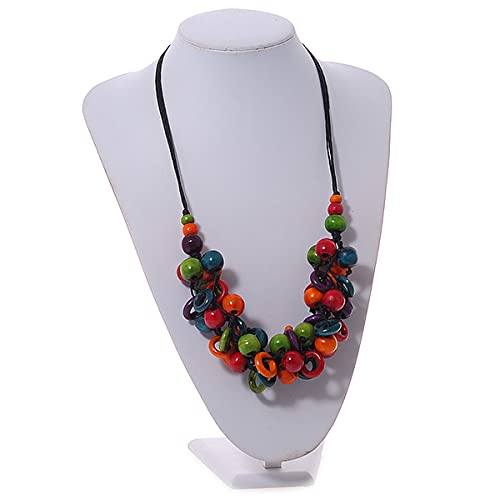 Avalaya Multicoloured Wooden Round Bead and Ring Cotton Cord Long Necklace - 80cm Max/Adjustable