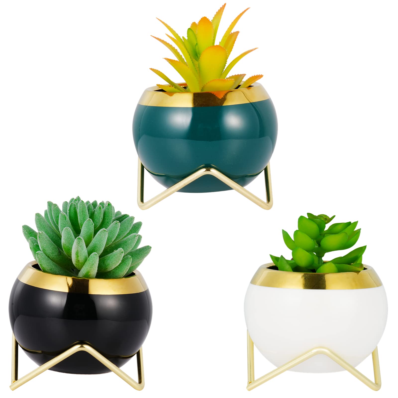 BATTIPAW 3PCS Air Plant Holders | Unique Large Ceramic Plant Pots w/ Metal Stand for Cacti & Succulents
