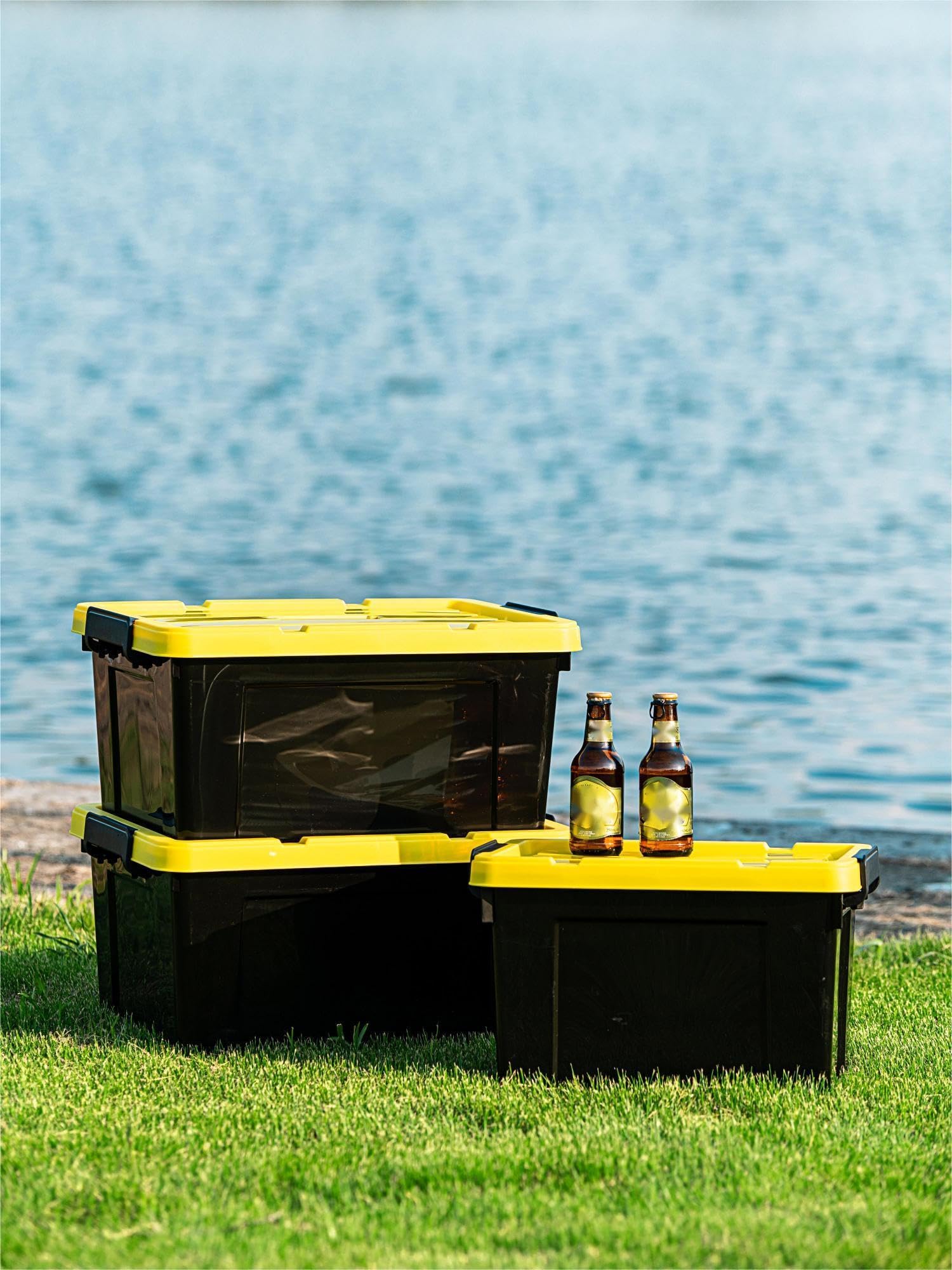 Cetomo Plastic Storage Bin Box Container Stackable with Lid and Secure Latching Buckles, Black, 72Qt x 4, Pack of 4