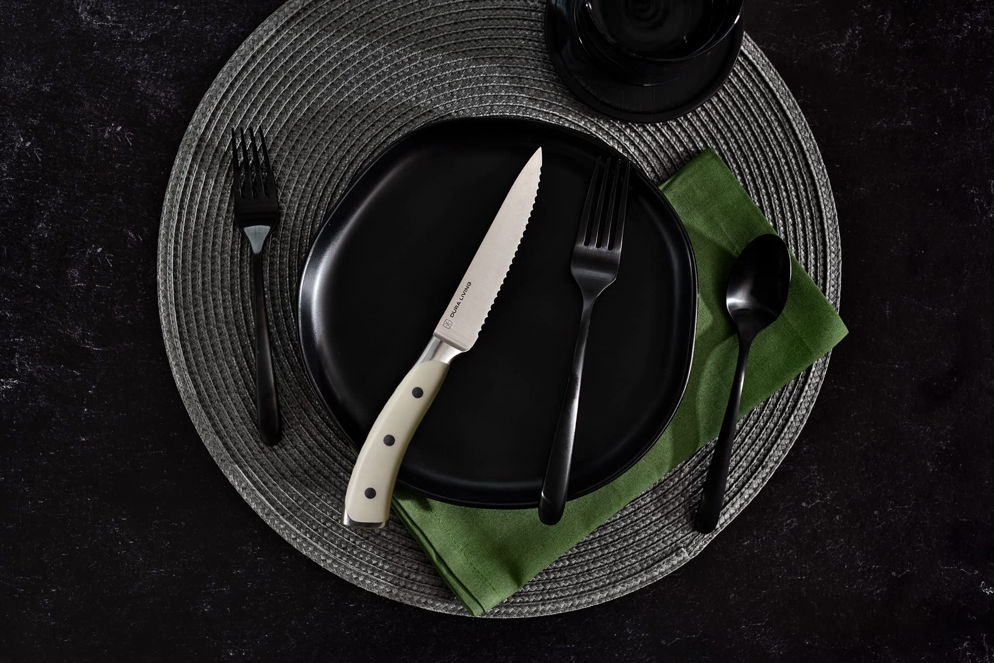 DURA LIVING 4-Piece Serrated Kitchen Steak Knife Set β Forged High Carbon Stainless Steel, Ultra Sharp, Ergonomic Black Handles, Durable Dinner Knives, Cream Handle
