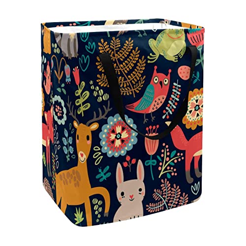 Forest Animals Owl Hedgehog Deer Fox Rabbit Print Collapsible Laundry Hamper, 60L Waterproof Laundry Baskets Washing Bin Clothes Toys Storage for Dorm Bathroom Bedroom