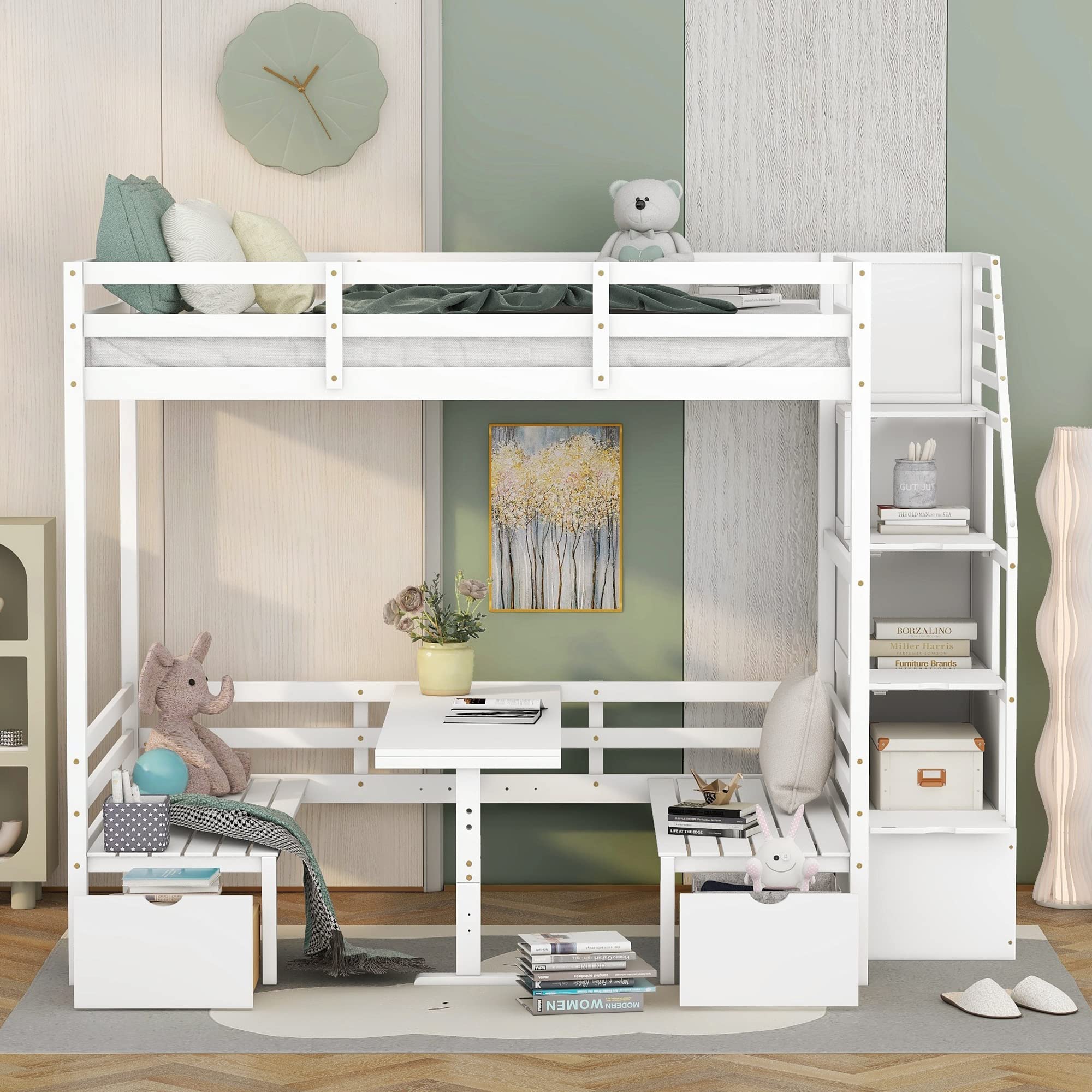MERITLINE Full Loft Bed with Stairs and Desk, Wooden Full Loft Bed with Desk, Bunk Bed Full with Convertible Seats and Table Set Underneath for Kids Girls Boys Teens,White
