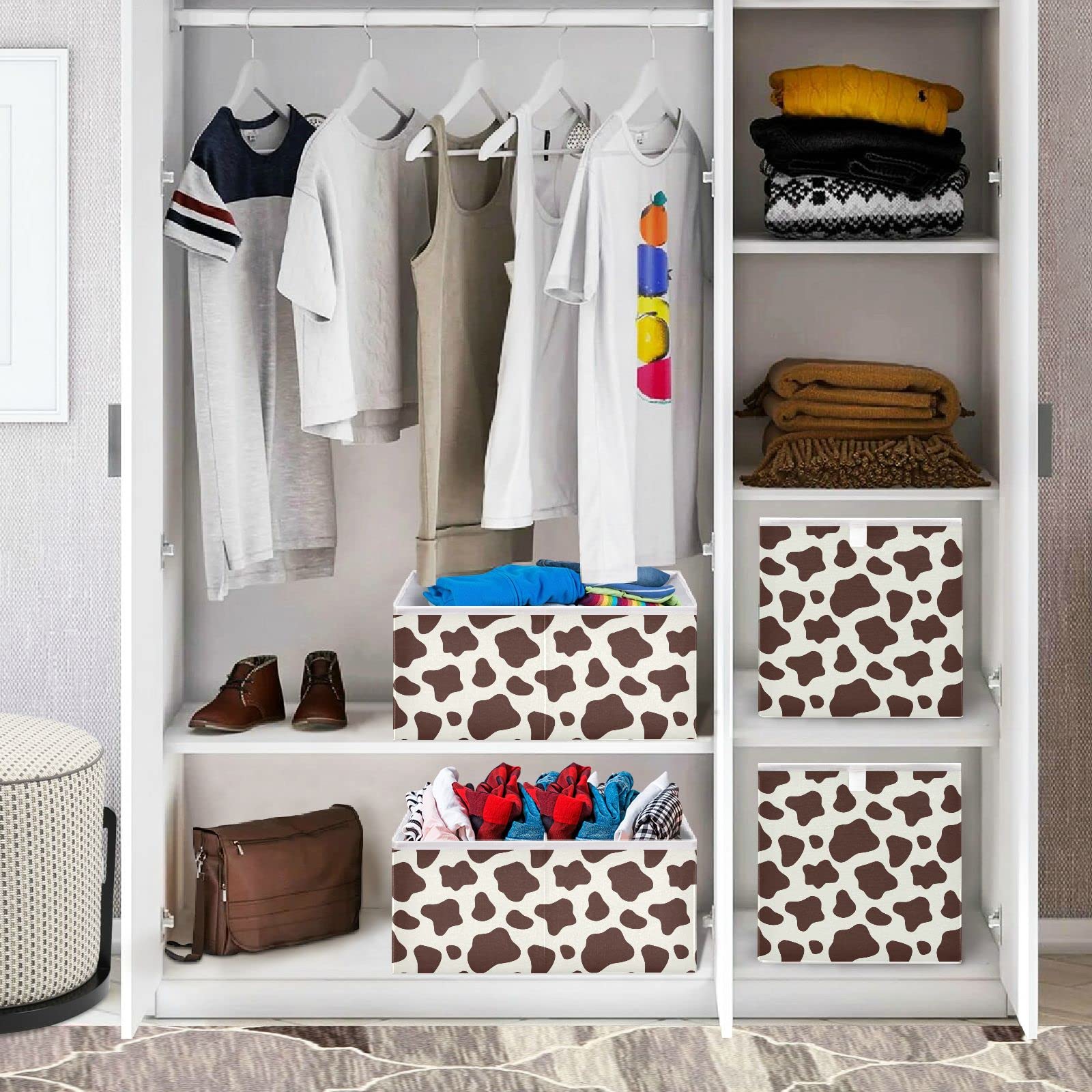 Brown White Cow Textures Storage Baskets for Shelves Foldable Collapsible Storage Box Bins with Fabric Bins Cube Toys Organizers for Pantry Bathroom Baby Cloth Nursery,11 x 11inch