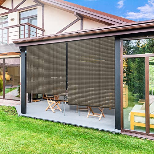 ECOOPTS Outdoor Roller Shade, Striped Hollow Out Roll Up Shade Blind Sun Shade for Patio Porch Back Yard Gazebo Deck Balcony (6'W x 6'L, Brown)