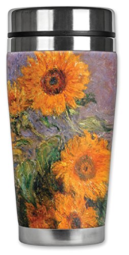Mugzie "Monet: Sunflowers" Stainless Steel Travel Mug with Insulated Wetsuit Cover, 20 oz, Black