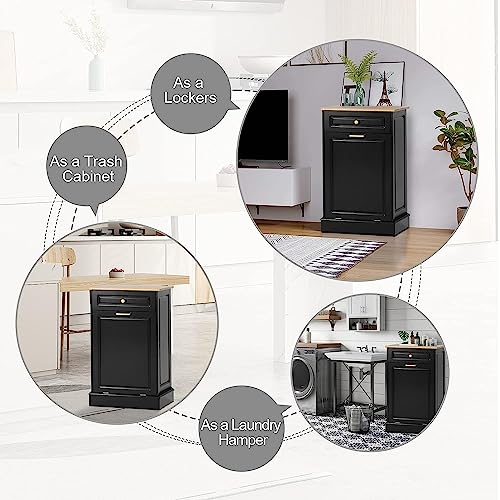 Scurrty 20.5'' Wooden Tilt Out Trash Can Cabinet for Kitchen Island,Tilt Out Bin for Trash Disposal Recycling, Handmade Solid Wood Hideaway Trash Holder for Laundry Hamper with Drawer (Black, Single)