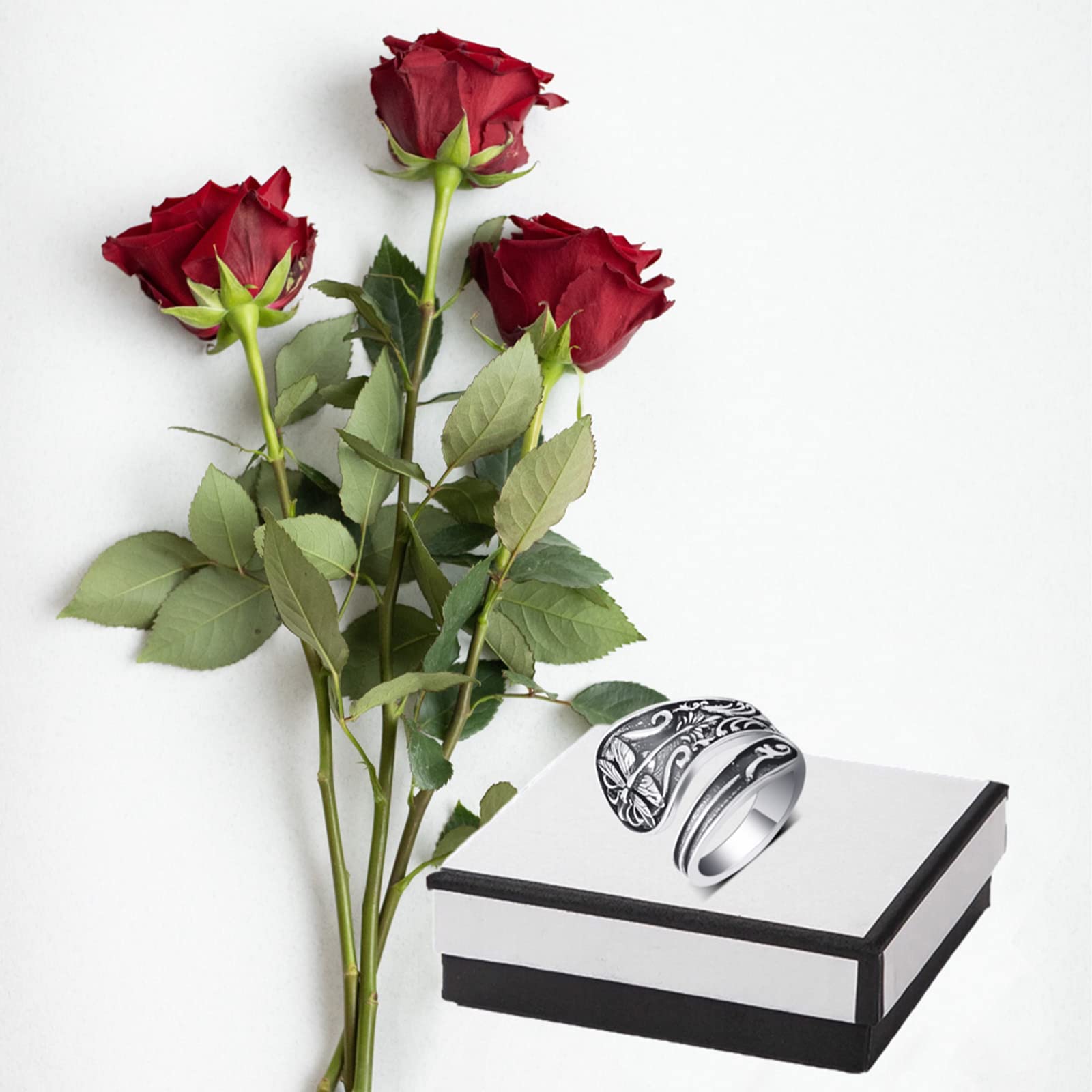 Cawsug Spoon Rings for Women Vintage Silver Boho Statement Dragonfly Adjustable Spoon Ring Thumb Jewelry (silver-1, 9)