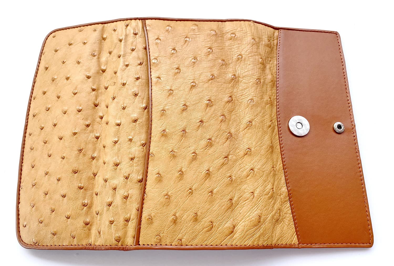 Julie Genuine Real Ostrich Skin Leather Trifold Clutch Long Golden Tan Wallet