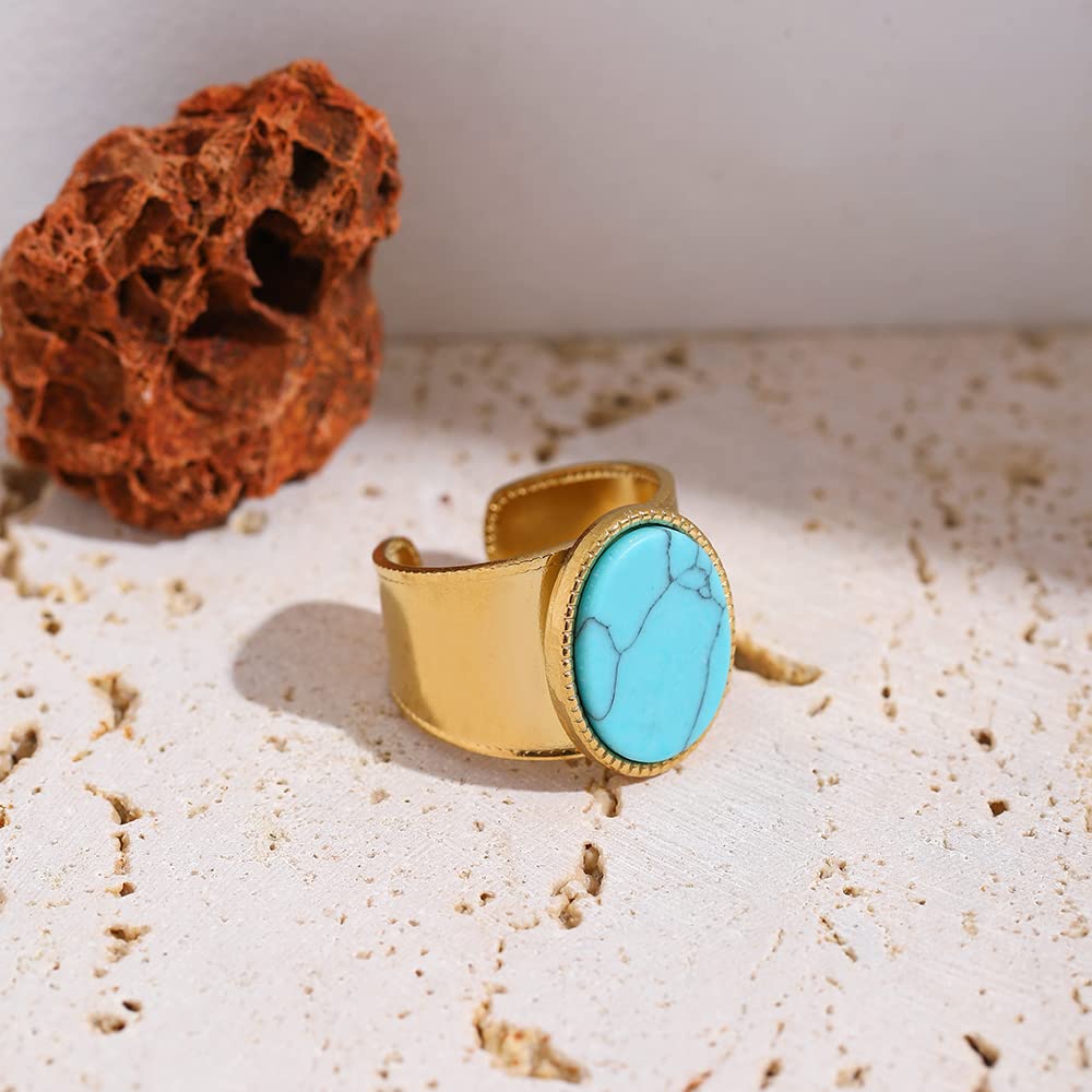 BLAVETI Stainless Steel Green Natural Turquoise Opening Ring,Statement Golden 18 K Plated Ring,for Jewelry Adjustable for Women Men Gift