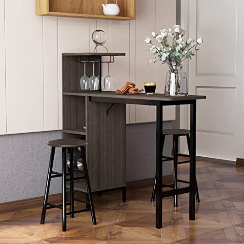 GOFLAME Bar Table and Chairs Set for 2, Counter Height Dining Table Set with Shelves, Cup Holder & Wine Rack, Breakfast Table & Chair Set, 3-Piece Pub Table Set for Kitchen, Dining Room