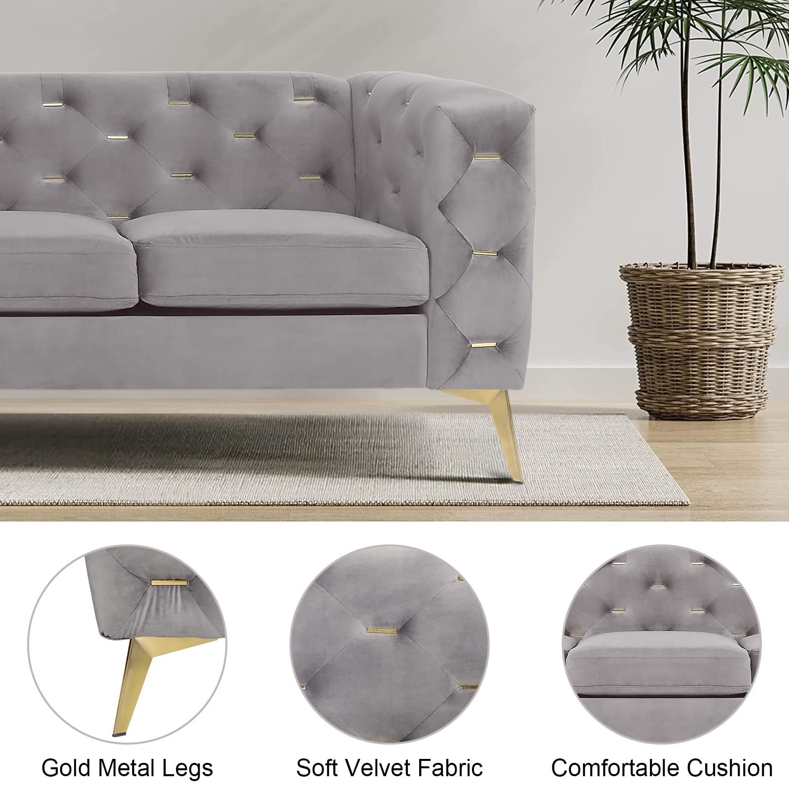 LEVNARY Modern Chesterfield Sofa, Velvet Button Tufted Upholstered 3 Seater Couch, 84 Inches Settee Sofa with High Arm and Golden Metal Legs, Couches for Living Room Bedroom Office (Gray)