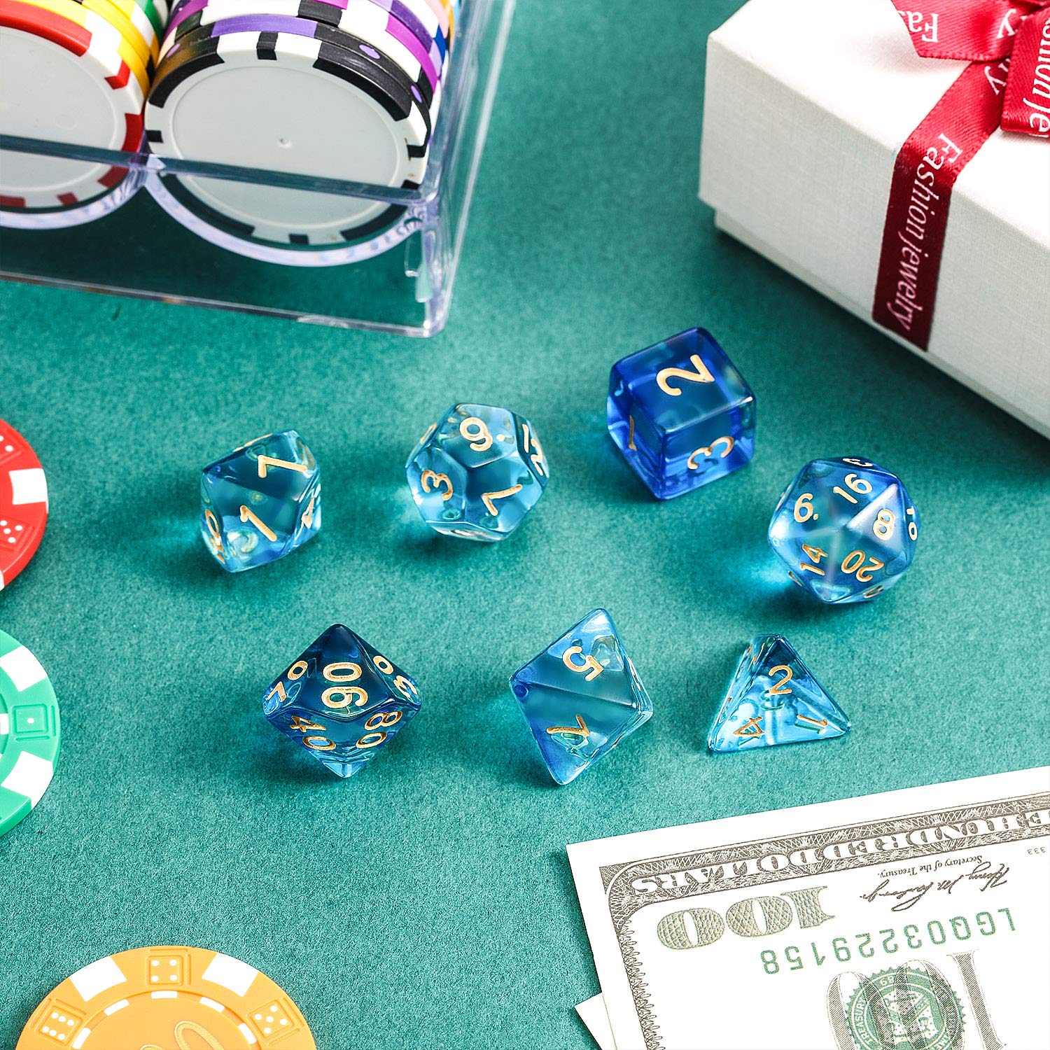 EBOOT 7-Die Polyhedral Dice Compatible with DND Dice Set Dungeons and Dragons with Black Pouch (Transparent Blue)