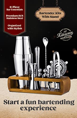 KITESSENSU Mixology Bar Kit with Stand | Complete 11-Piece Cocktail Shaker Set Bar Set for Inspired Drink Mixing Experience | Bartender Accessories for Home Bar Tools Set with Recipes Booklet