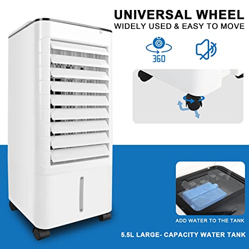 Evaporative Air Cooler,3-IN-1Portable Air Conditioners and Windowless Room Cooler Humidification-Ice Packs-12 Hour Timer-Remote Control,Ideal for Home, Office, Bedroom, Kitchen,School,Garage (Pearl White)