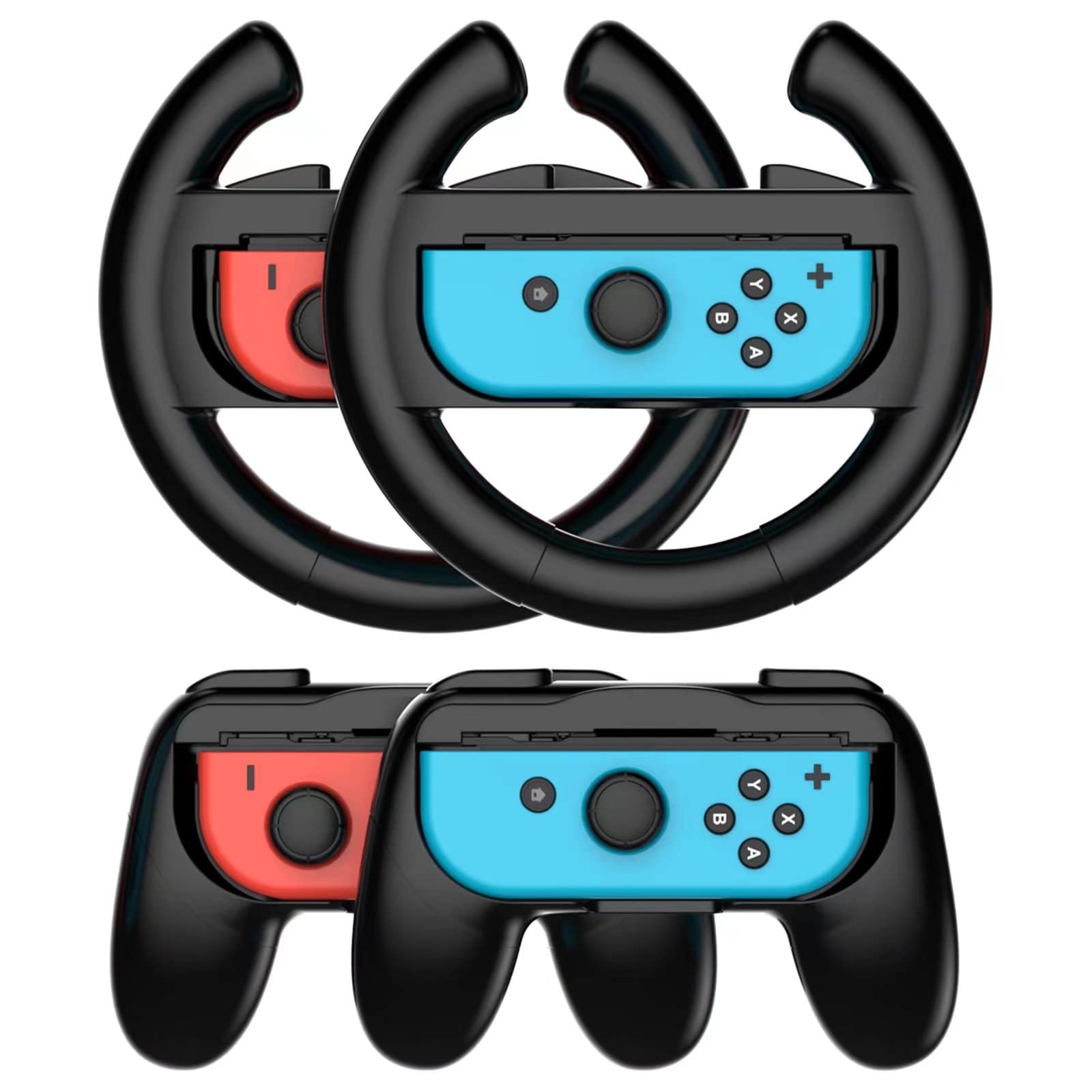 BEBOKI Steering Wheel Controller for Nintendo Switch & Switch OLED Model (2021) 4 Pack Joy-Con Controller Hand Grip and Steering Wheel for Mario Kart, (Black)