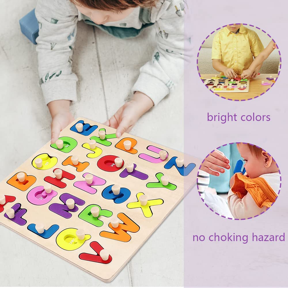 CCMTangHong Wooden Alphabet Puzzle ABC ,Letter Puzzle with Button,Montessori Matching Game Jigsaw Toy,Educational Early Learning Toy Gift for Preschool Year Old Kids