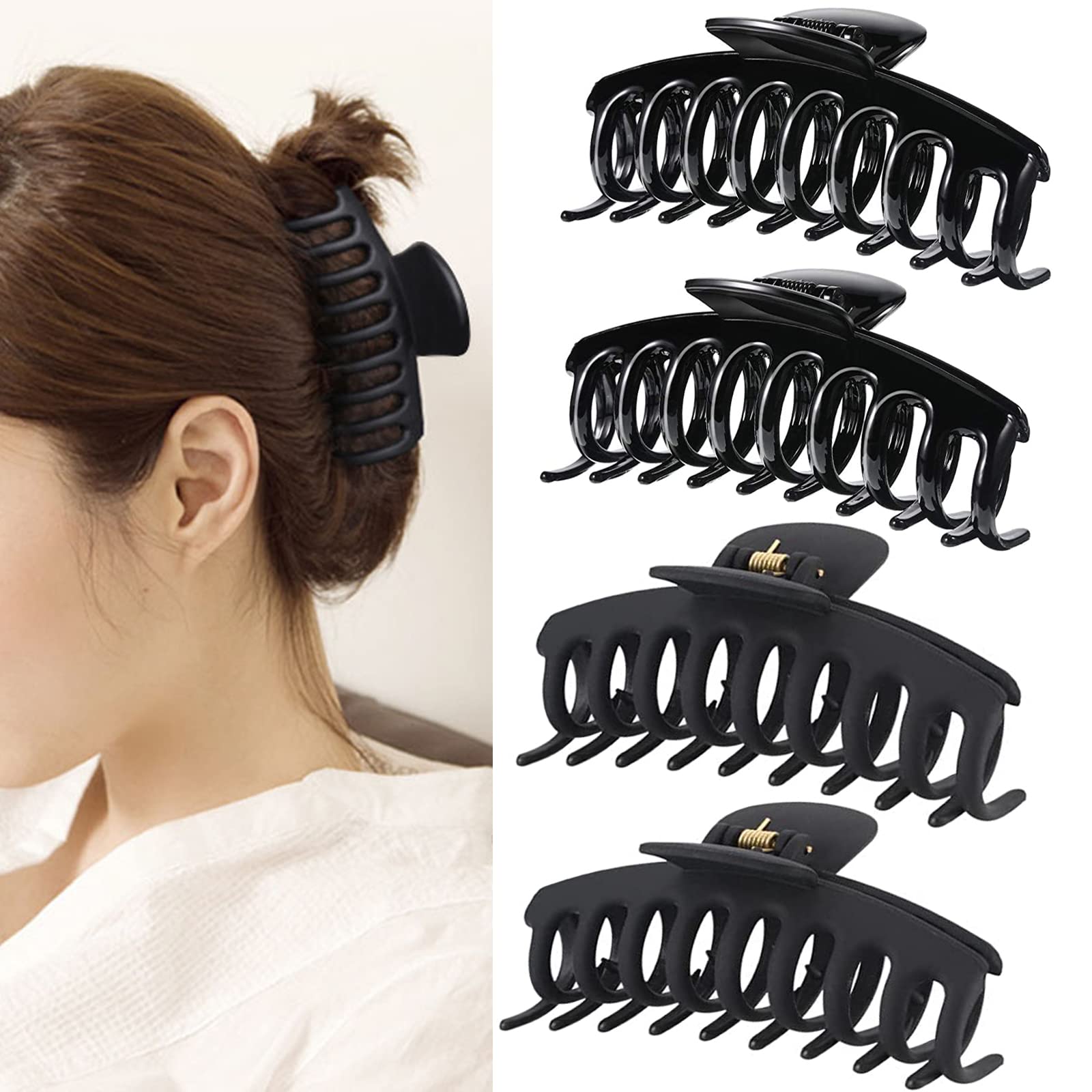 Hair Claw Clips for Thick Hair - 4pcs 4.3’’ Plastic Nonslip Jumbo Hair Clips Strong Hold Hair Jaw Clips Big Hair Clips French Design Hair Styling Accessories for Women Girls(3 Packs) (Black-4P)