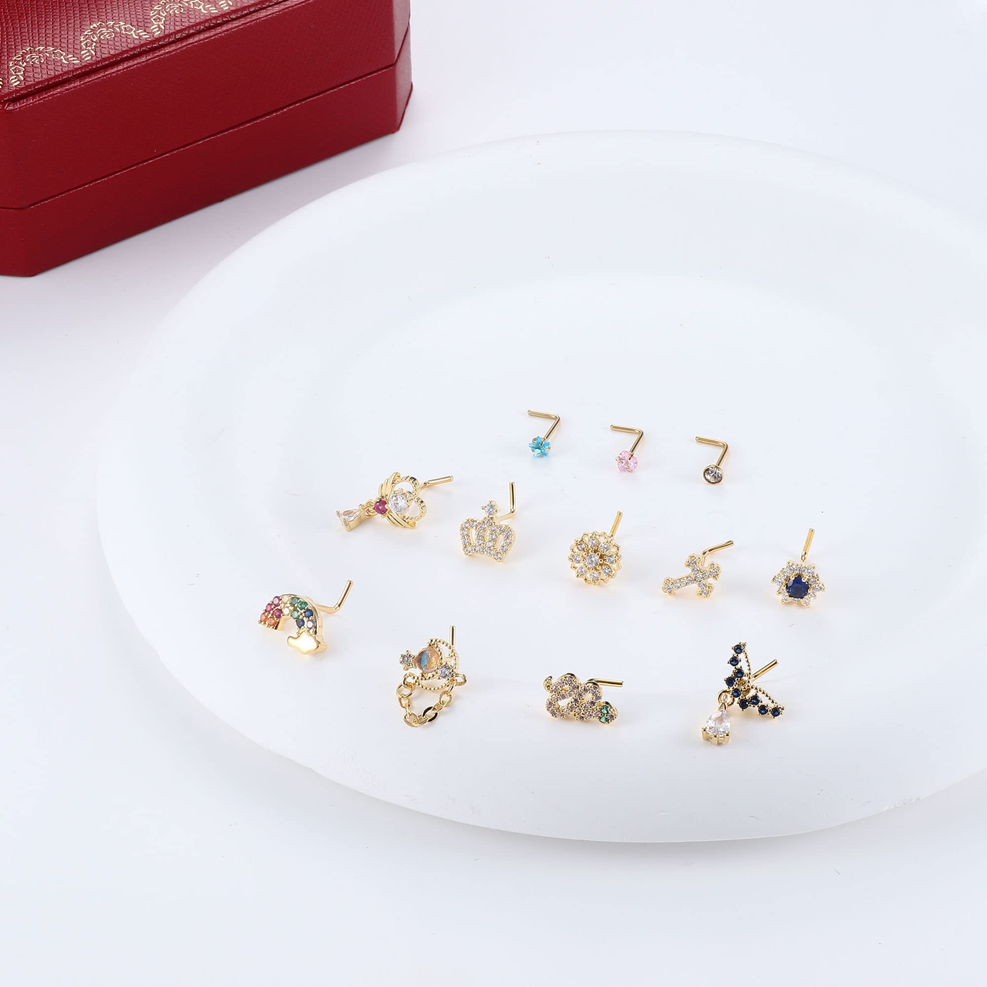 Besteel 12PCS Nose Ring Studs for Women 20G Stainless Steel L Shaped Nose Rings CZ Nose Studs Assorted Nose Piercing Jewelry Gold-tone