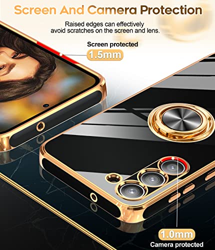 LeYi for Samsung Galaxy S23 Case 360° Rotatable Ring Holder Magnetic Kickstand, Plating Rose Gold Edge Protective Case, Black