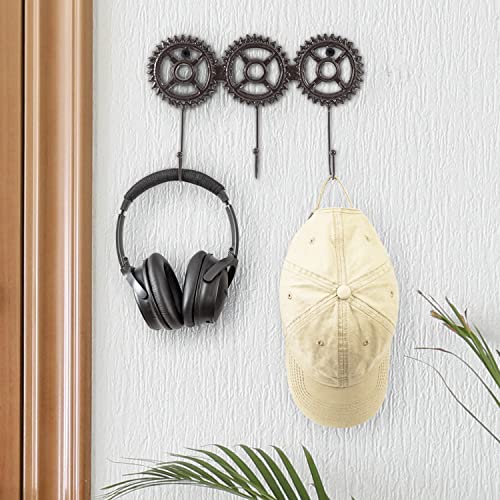 MyGift Brown Cast Iron Metal Wall Coat Hook with Steampunk Gear Design, Wall Mounted Key Rack with 3 Hooks