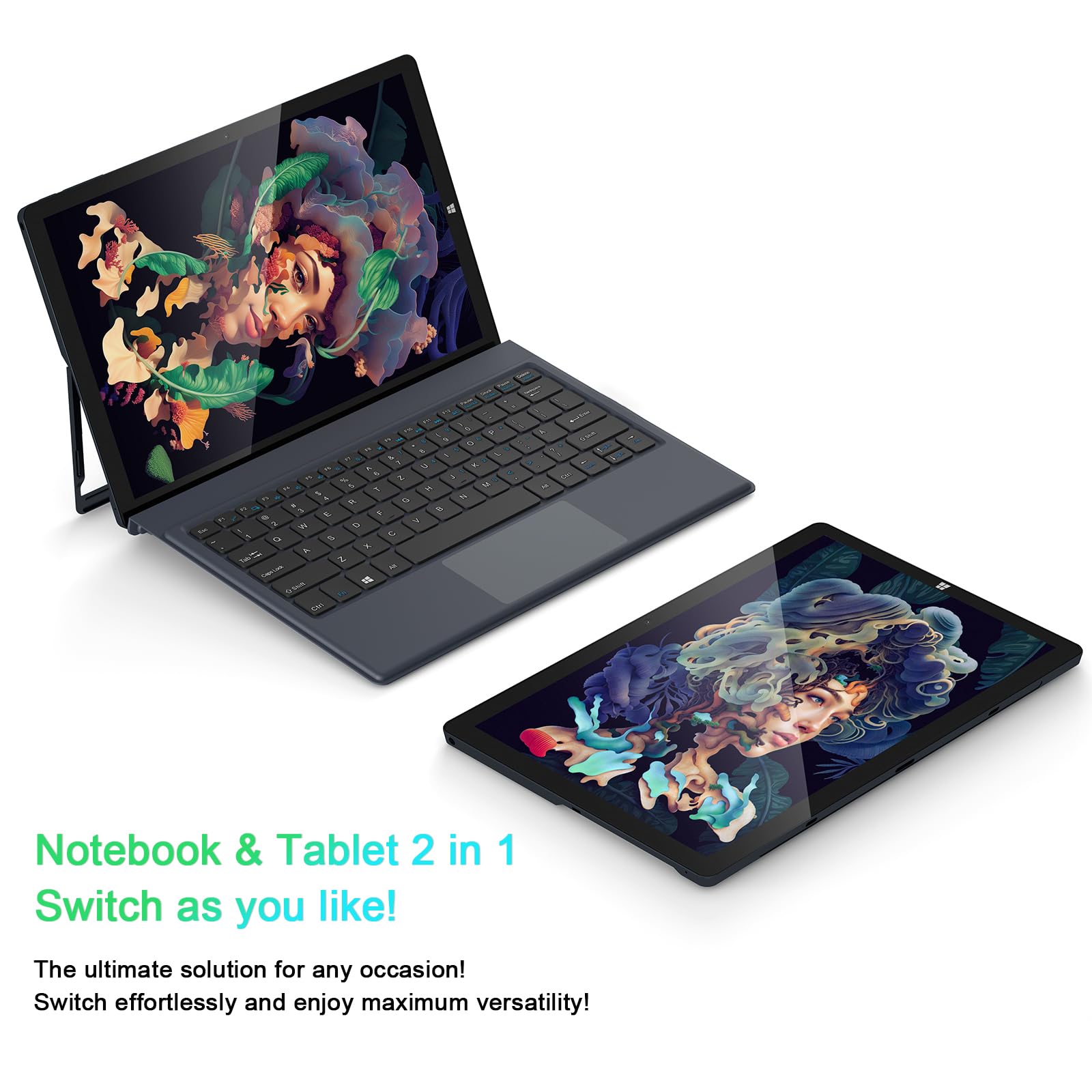 AWOW Detachable 2 in 1 Laptop Touchscreen Windows 11, 8GB RAM 256GB SSD, 10.1" Tablet with Keyboard, Intel Celeron N4120 2.6GHz, 2.4G+5G WiFi, Bluetooth, USB3.0, HDMI, Dual Camera