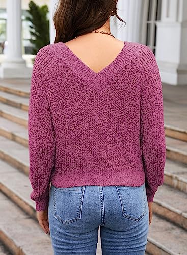Dokotoo Solid V Neck Cropped Sweaters for Women Fall Casual Long Sleeve Knitted Pullover Jumper Tops Red Medium