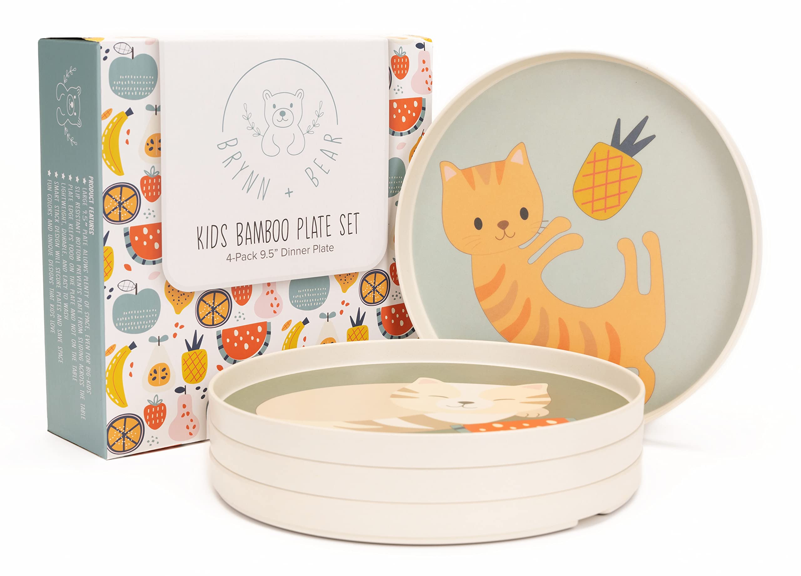 Brynn + Bear Upgrade Your Child's Dining Experience, Slide-Resistant Bamboo Plates, Expertly Crafted for Ages 3+ Dishwasher Safe and Durable | Cutie Cats
